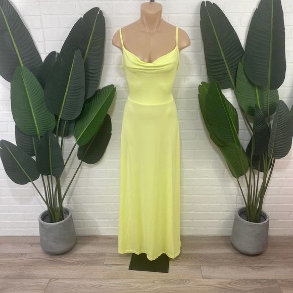 Unknown | Dresses | Bright Yellowankle Length Lace Up Cowl Neck Midi ...